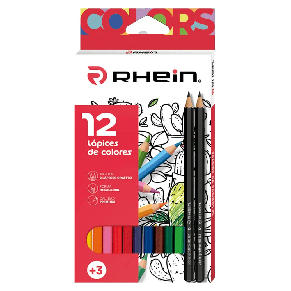 Lapices 12 Colores Largos Hexagonal + 2 Lapices Grafitos Rhein - Dimeiggs