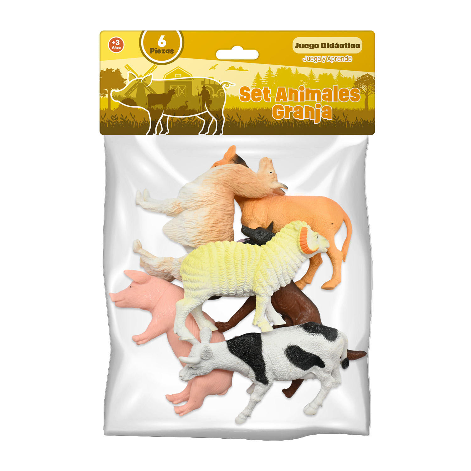 Set Animales De Granja 6 Piezas Grande Bolsa Pvc Nobel Toys - Dimeiggs